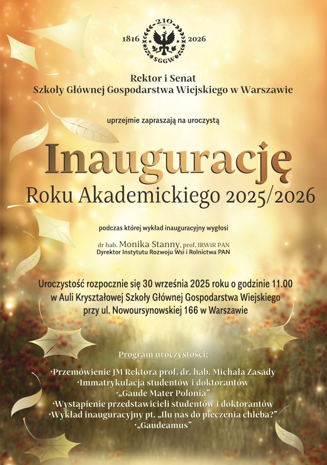Uroczysta Inauguracja Roku Akademickiego 2025/2026 sggw - Szkoła Główna Gospodarstwa Wiejskiego ...